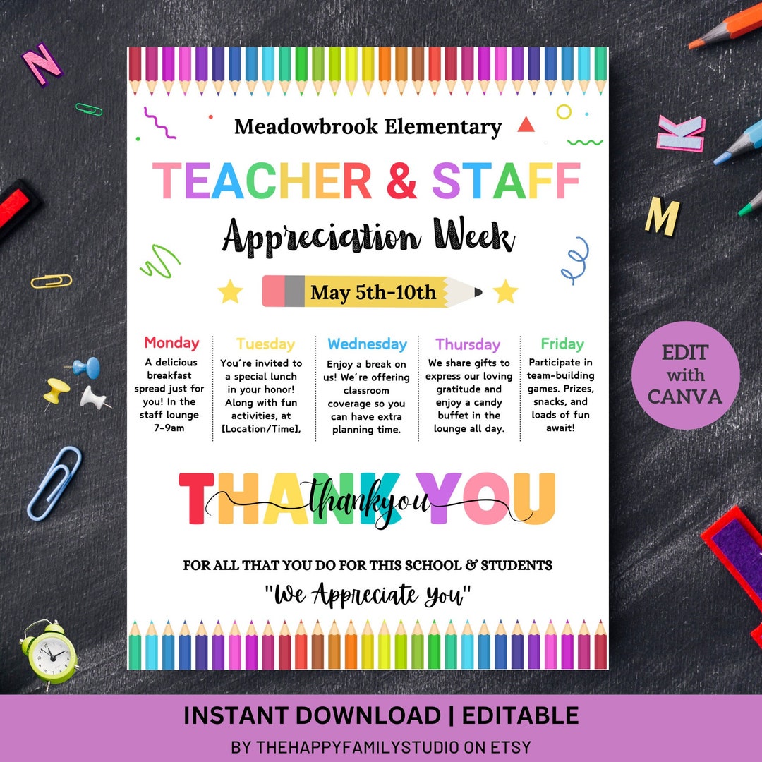 Teacher Appreciation Week Itinerary Poster Template, Newsletter ...
