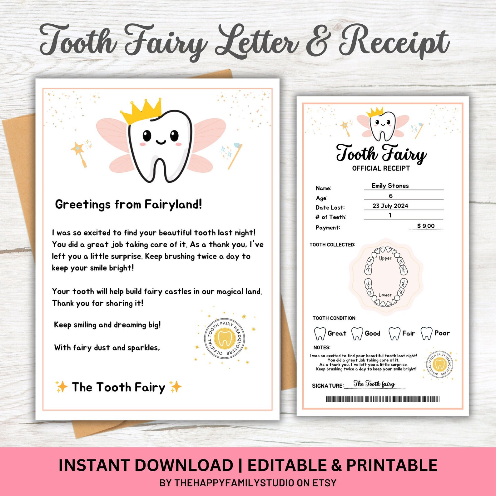 Editable Pink Tooth Fairy Receipt Certificate, Printable Tooth Fairy ...