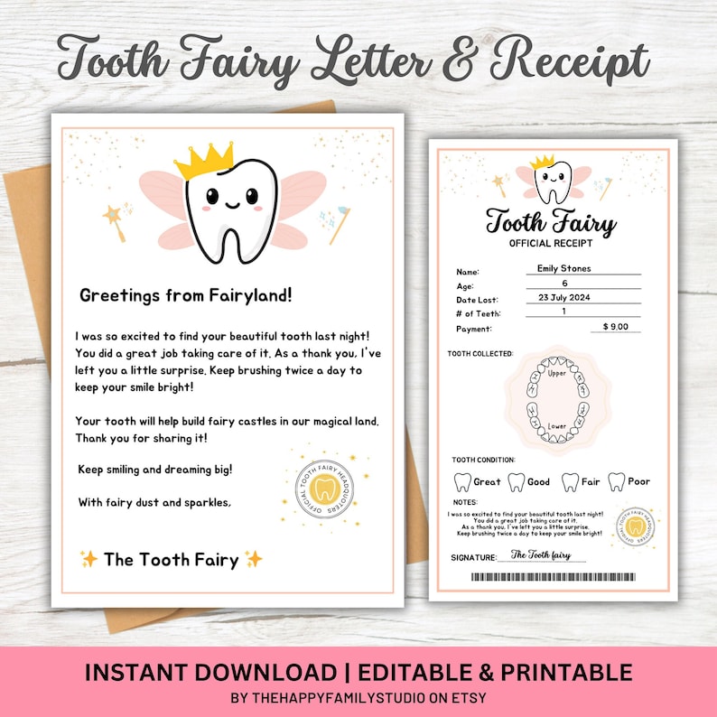 Editable Pink Tooth Fairy Receipt Certificate, Printable Tooth Fairy ...