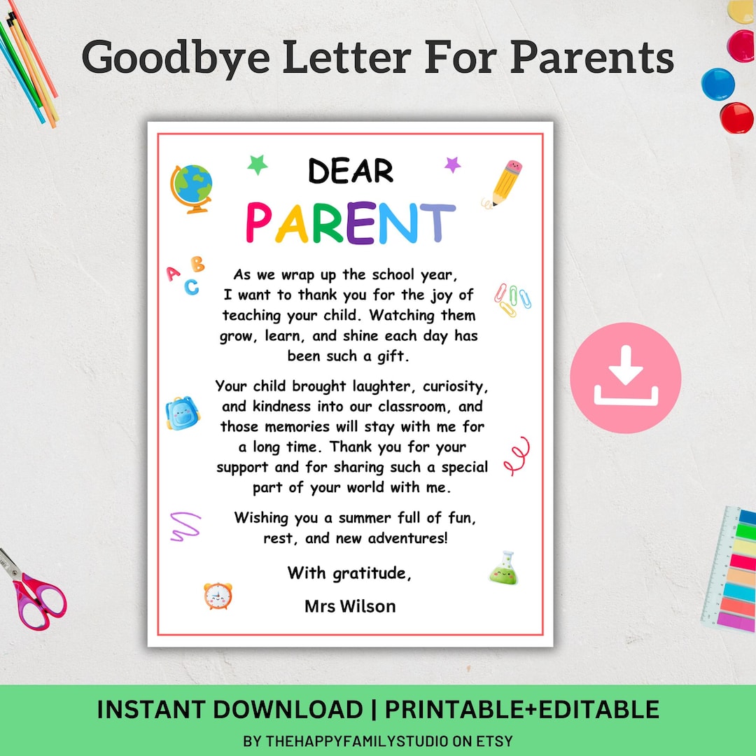 Editable End of School Year Letter to Parent, Last Day of School Gift ...