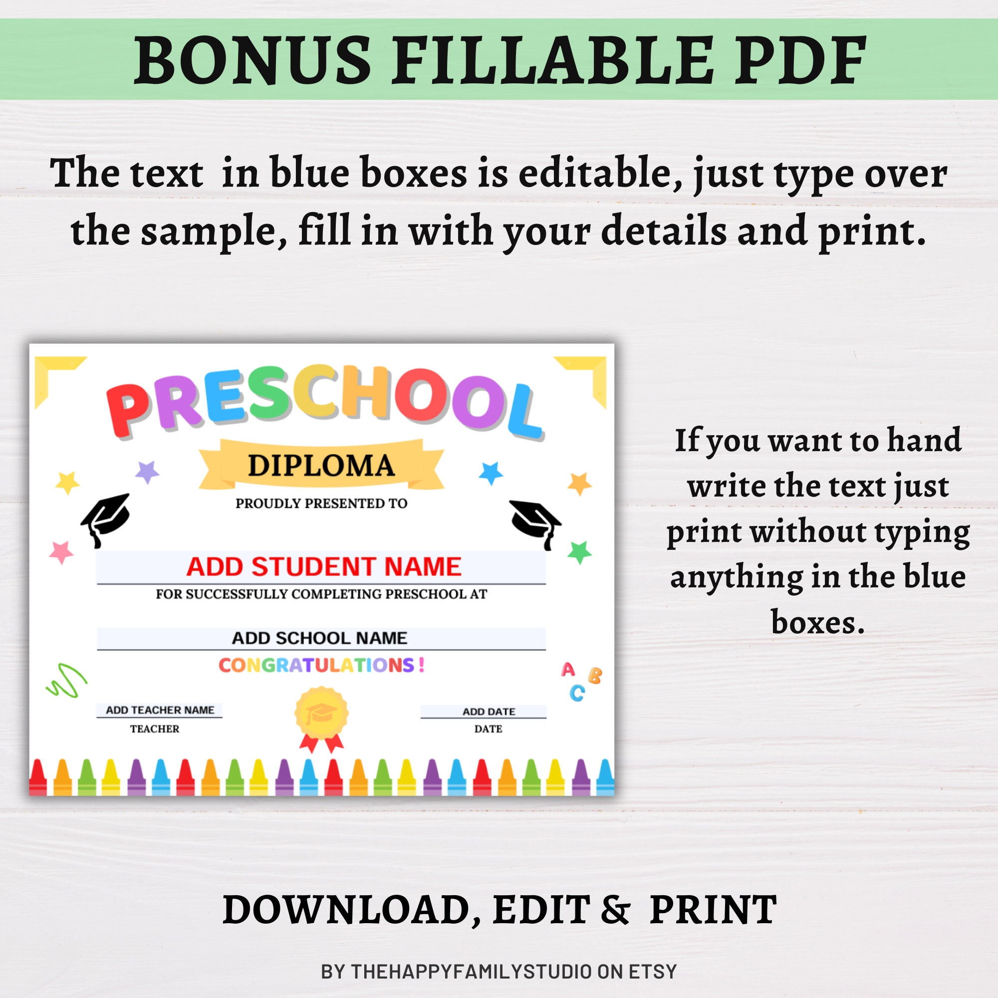 Editable Preschool Diploma Template, Customizable Graduation ...