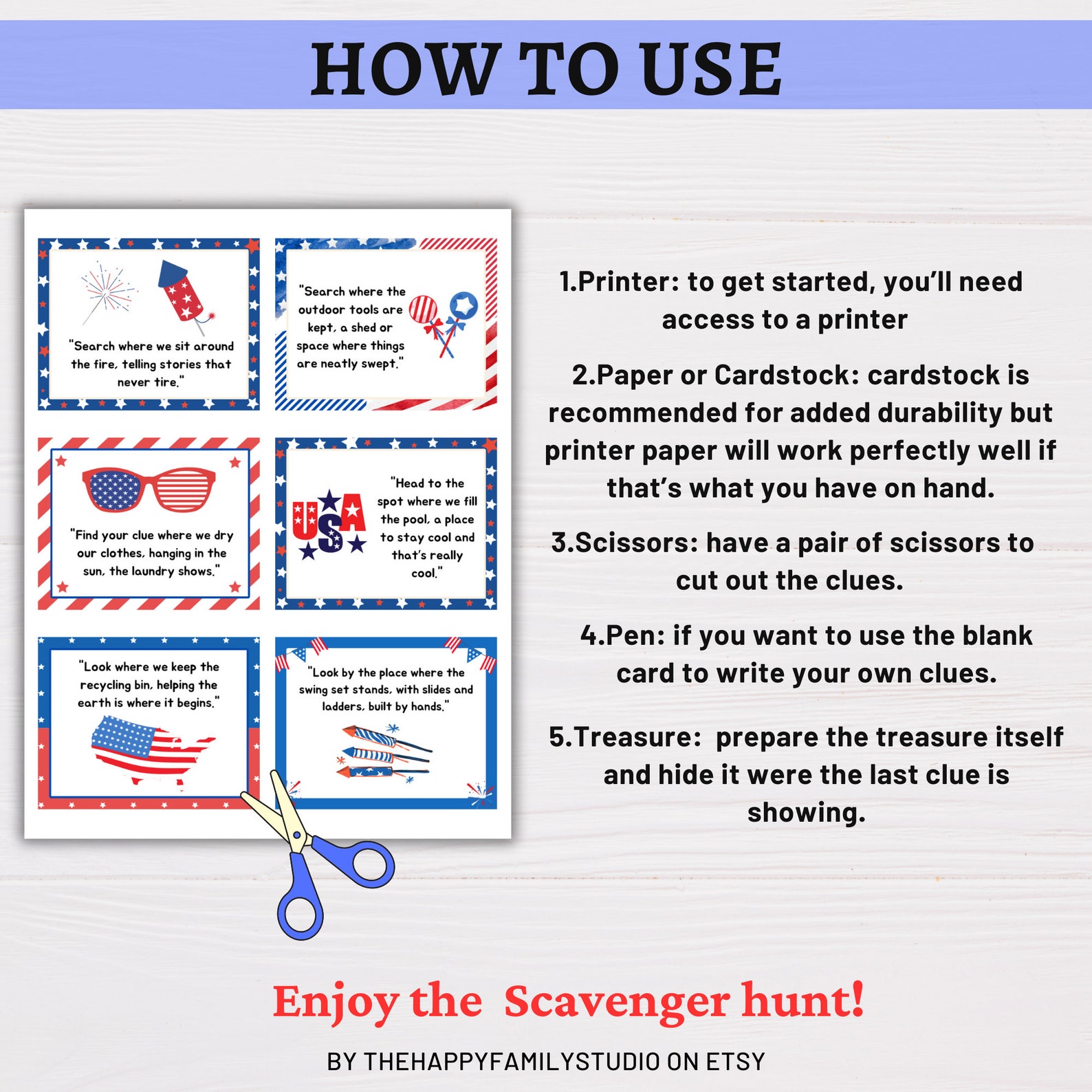 Outdoor Fourth of July Treasure Hunt Clues, Independence Day Scavenger ...