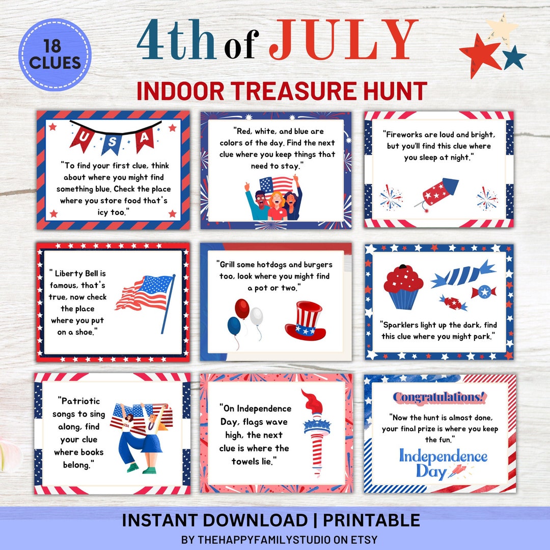 4th of July Indoor Scavenger Hunt Clue Cards, Fourth of July Treasure ...