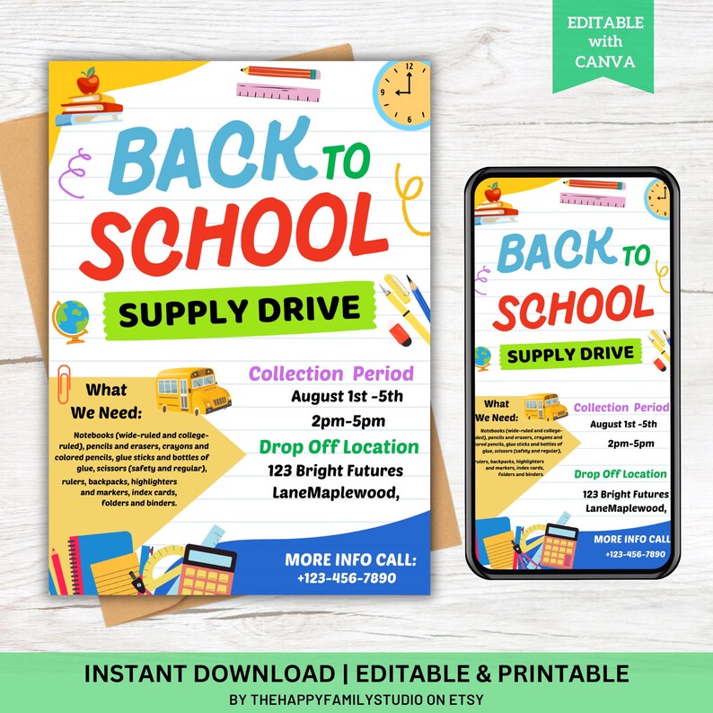 Editable School Supply Drive Flyer, Back to School Invite, School ...
