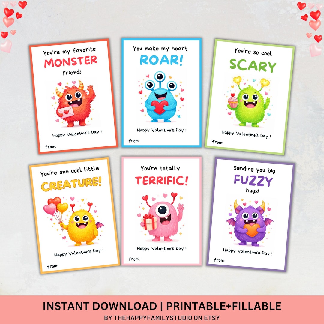 Monster Valentine Cards for Kids, School Valentines Favor Tags, Class ...