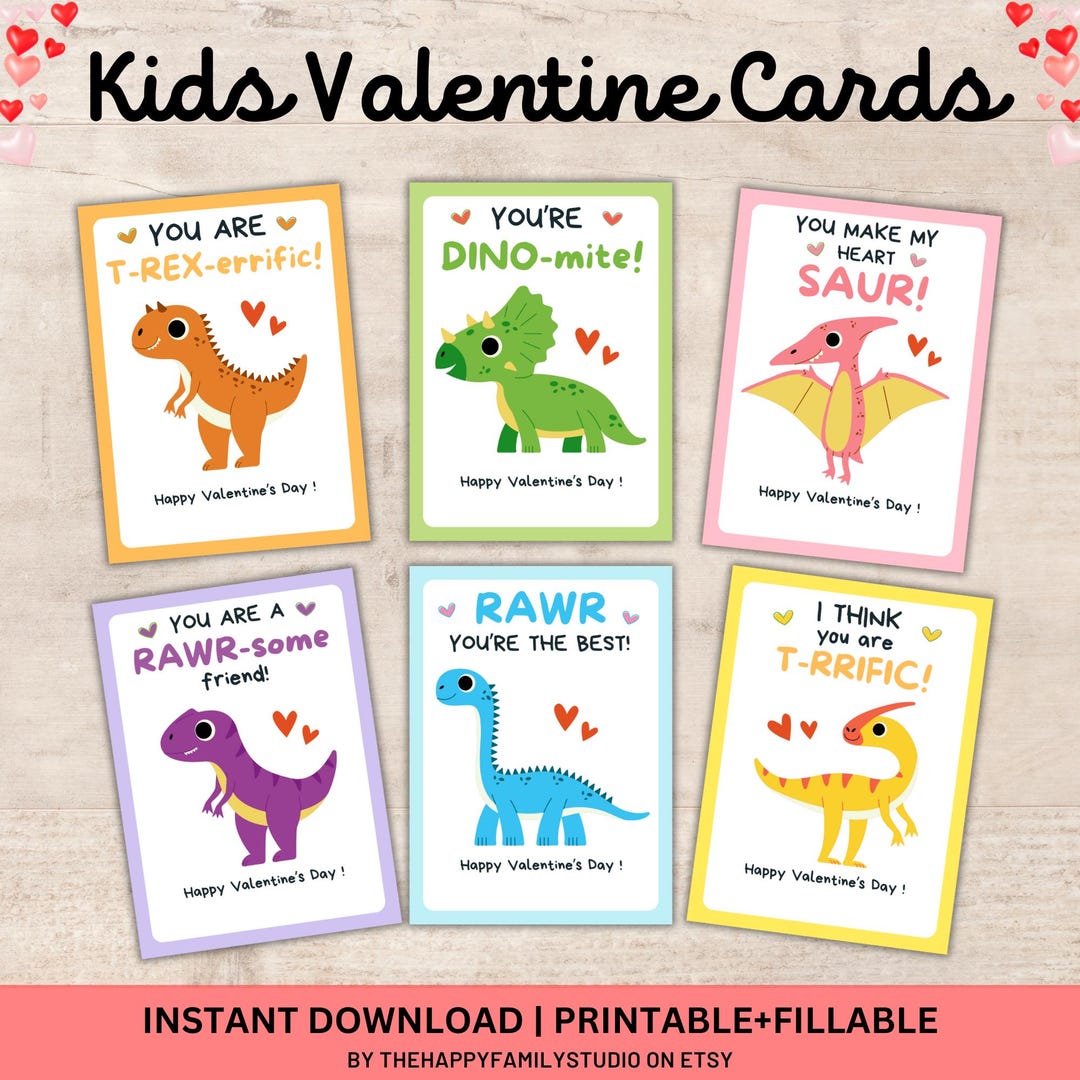 Dinosaur Valentine Cards for Kids, Dino Valentine Tags, Classroom ...