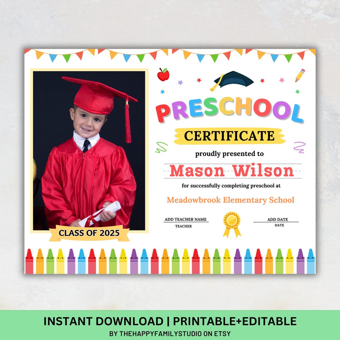Editable Preschool Graduation Certificate With Photo (canva Template ...