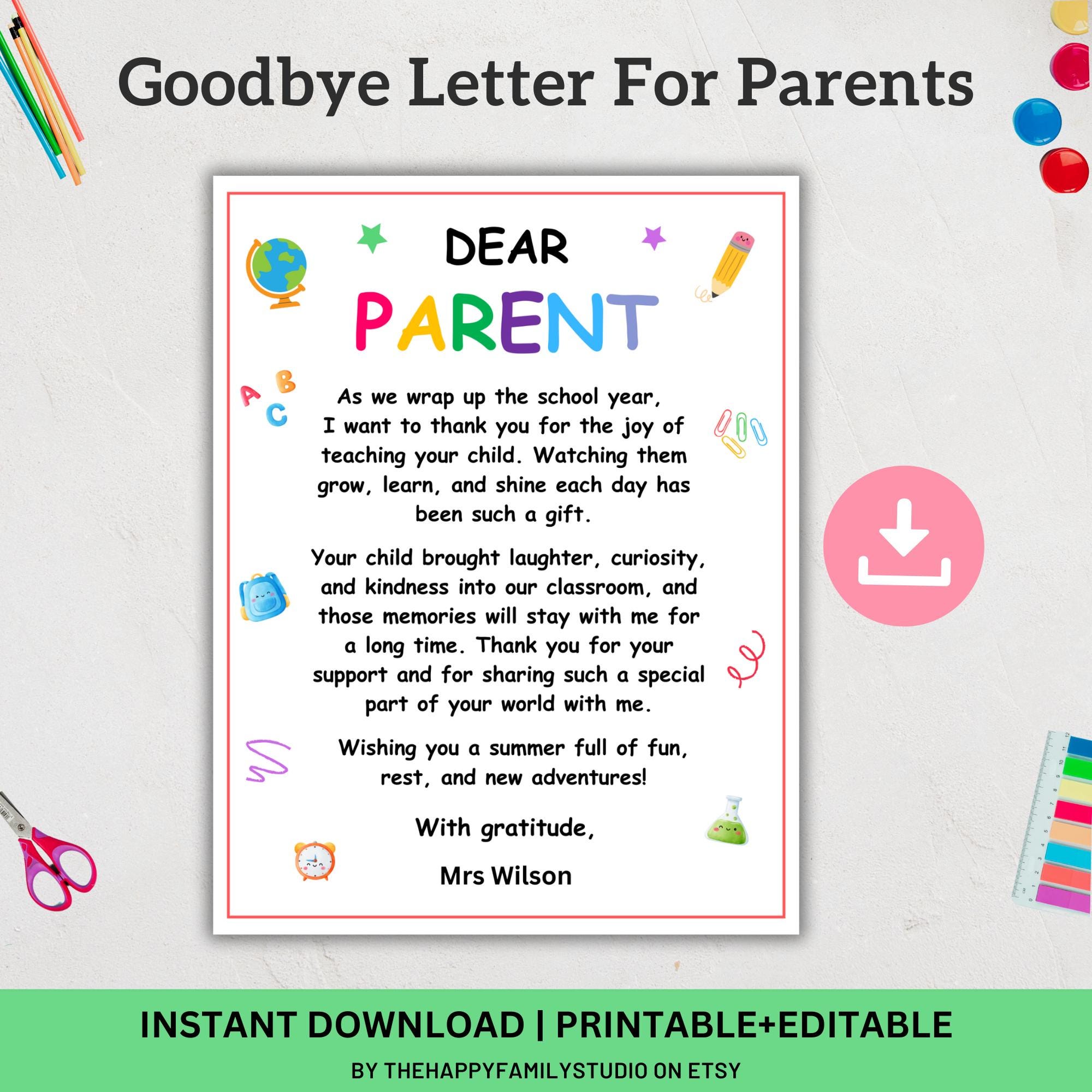 Editable End of School Year Letter to Parent, Last Day of School Gift ...