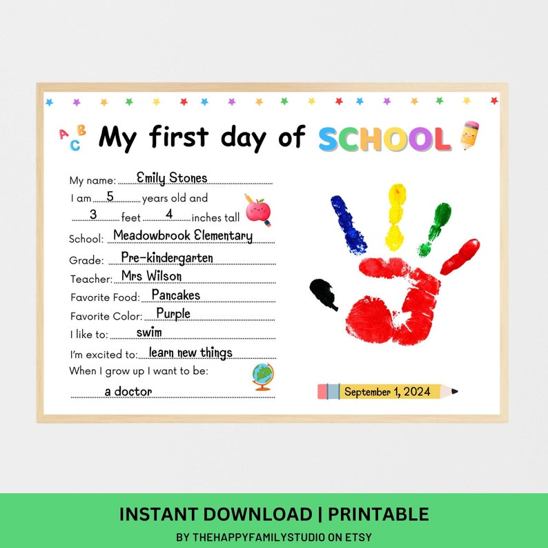 First Day of School Printable Handprint Craft, Back to School Keepsake ...