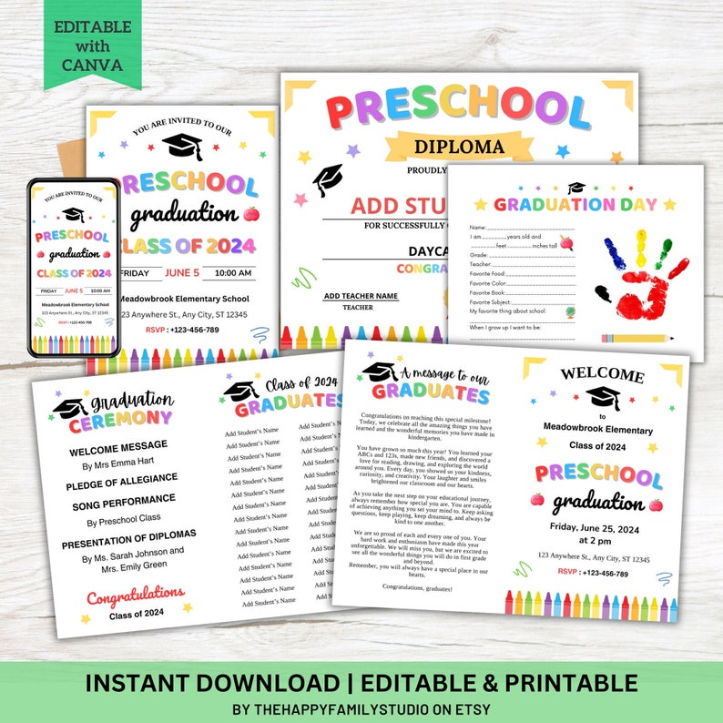 Preschool Graduation Bundle, Graduation Invitation, Graduation Program ...