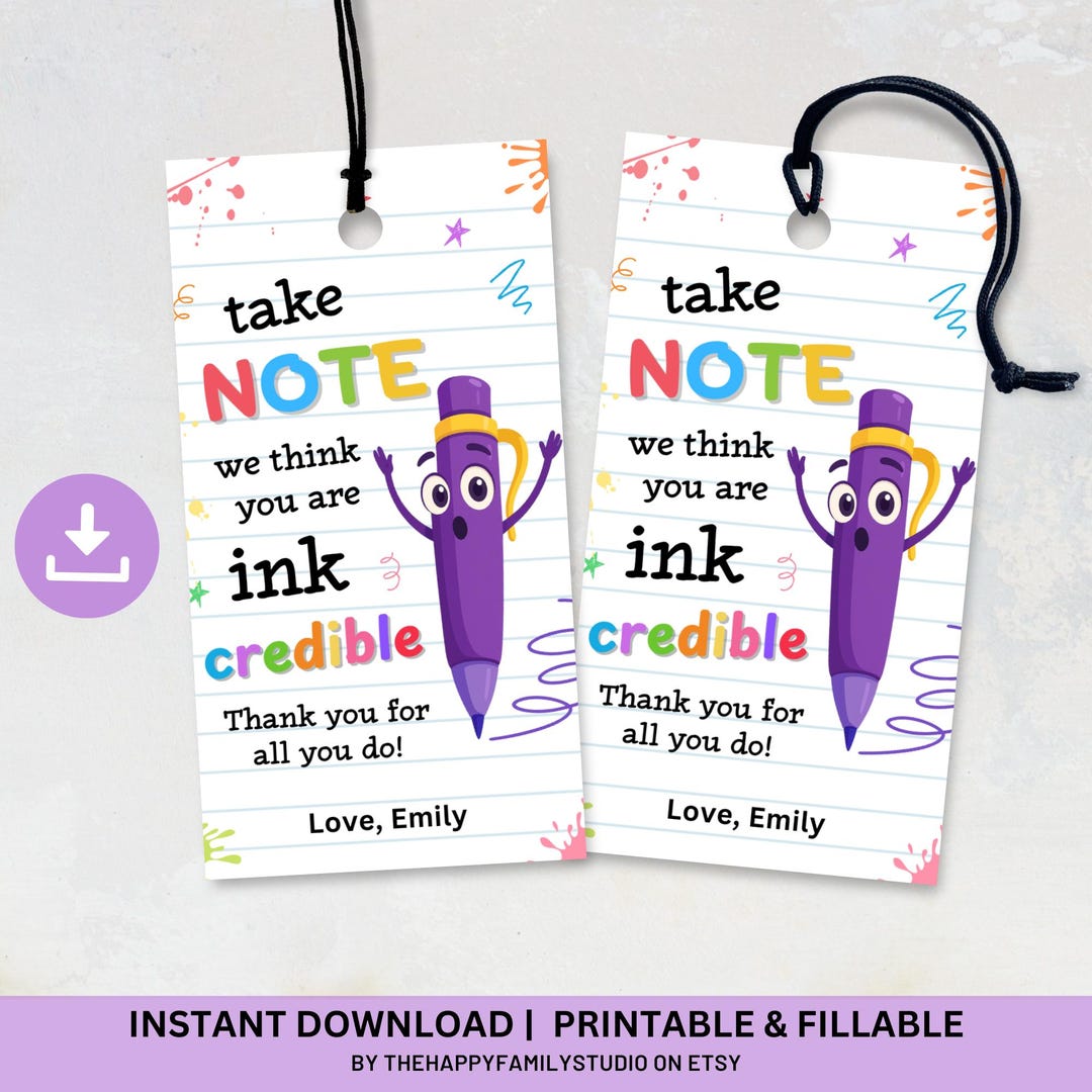 Teacher Appreciation Pen Tag, Teacher Appreciation Gift Tag, Take Note ...