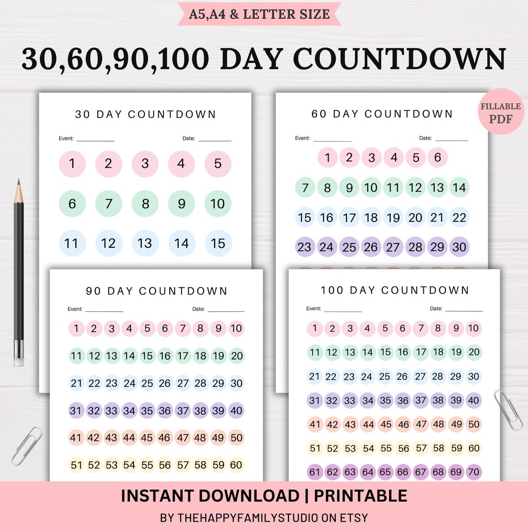 30,60,90,100 Day Countdown Printable Tracker, Countdown for Any Occasion, Countdown Calendar ...