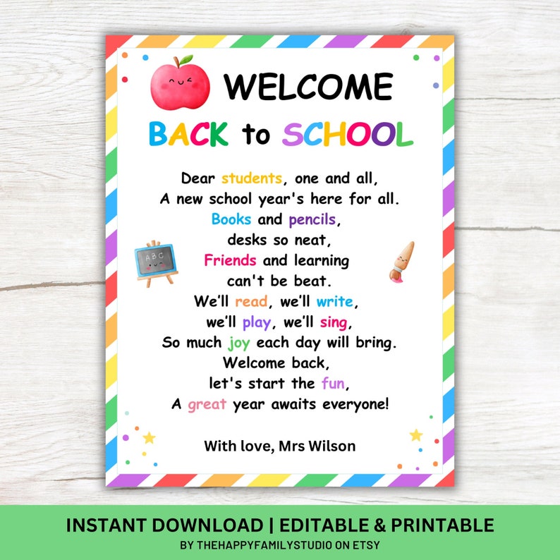 Back to School Year Letter Printable, Welcome Letter to Student ...