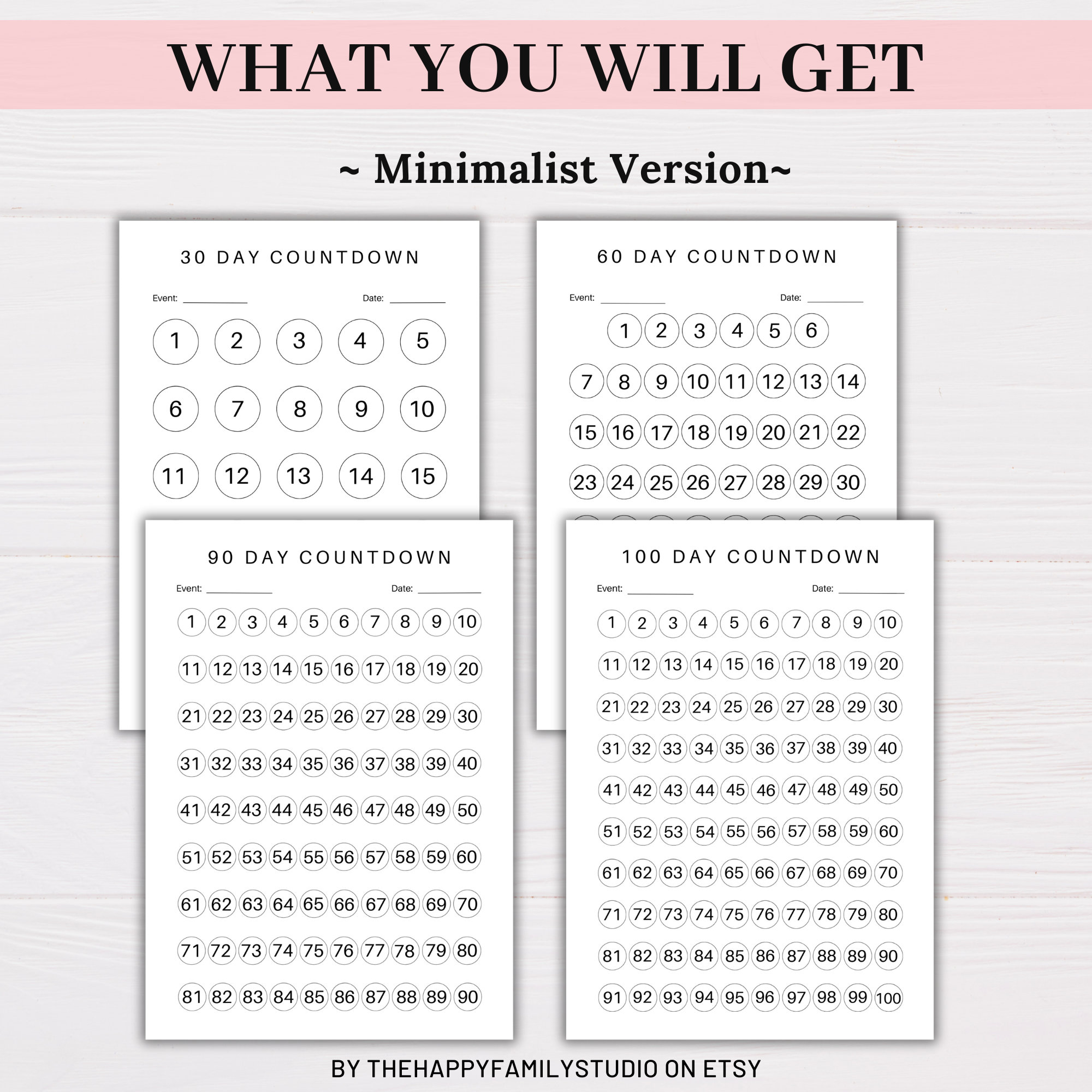 30,60,90,100 Day Countdown Printable Tracker, Countdown for Any ...