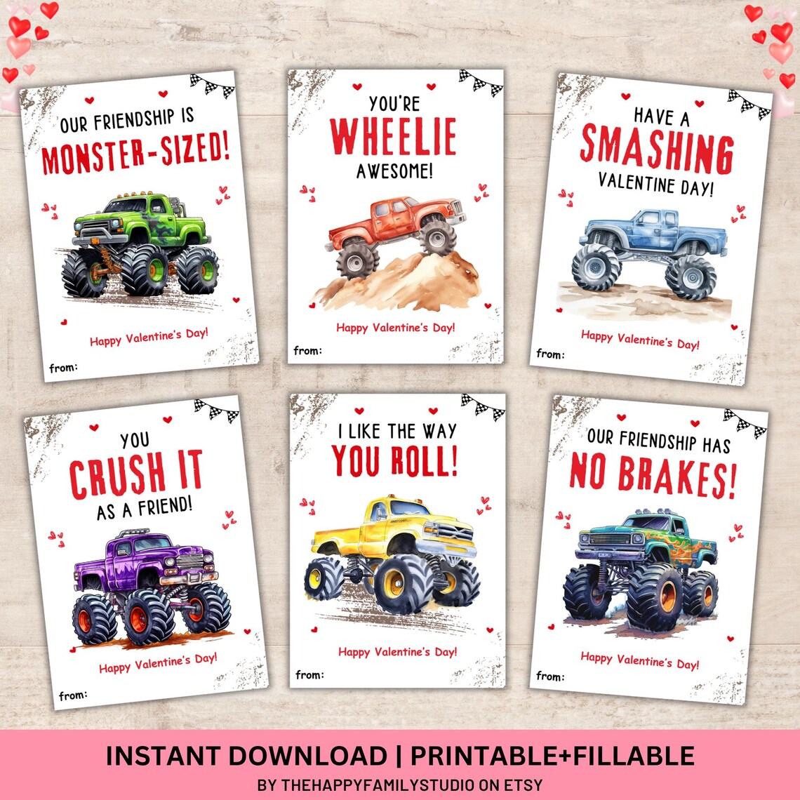 Monster Truck Valentine Cards, Kids Valentines Cards, Boys Valentine ...