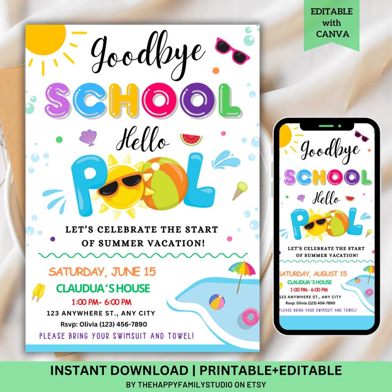 End of School Pool Party Invitation Template: Summer Break (digital ...