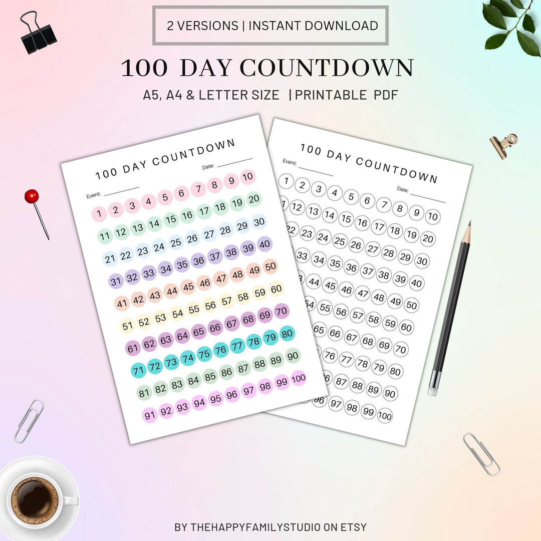 100 Day Countdown Tracker for Any Occasion Printable 100 - Etsy