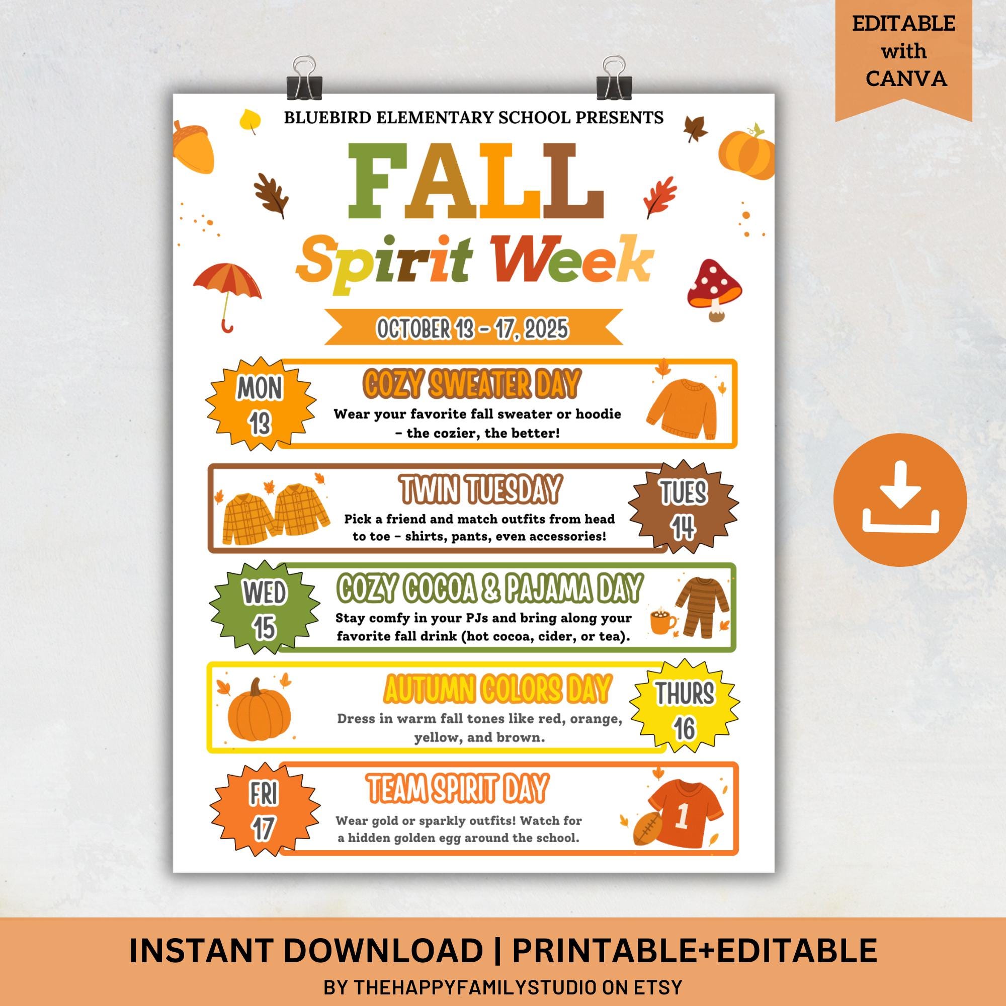 Fall Spirit Week Flyer Template, Fall School Itinerary Schedule, School ...