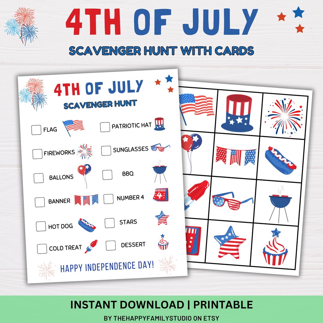 4th of July Scavenger Hunt for Kids, Treasure Hunt With Cards to Hide ...