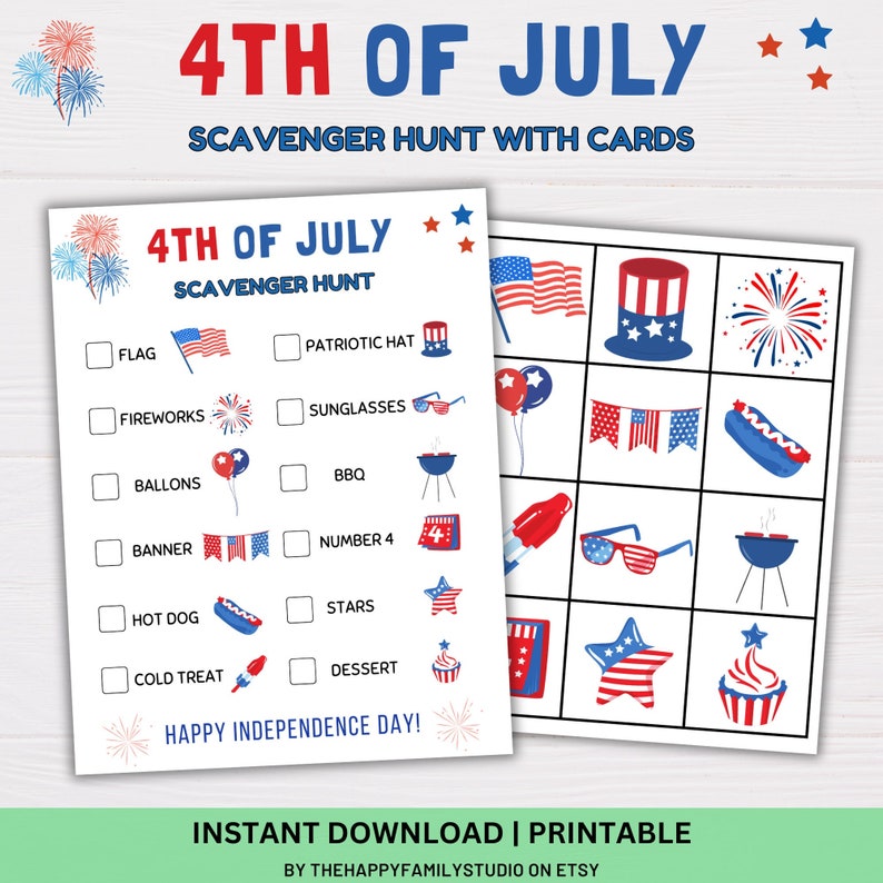 4th of July Scavenger Hunt for Kids, Treasure Hunt With Cards to Hide ...