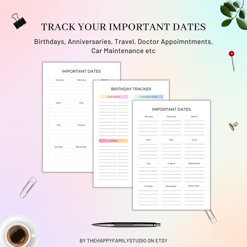 Important Dates Page Printable, Editable Birthday Tracker ...