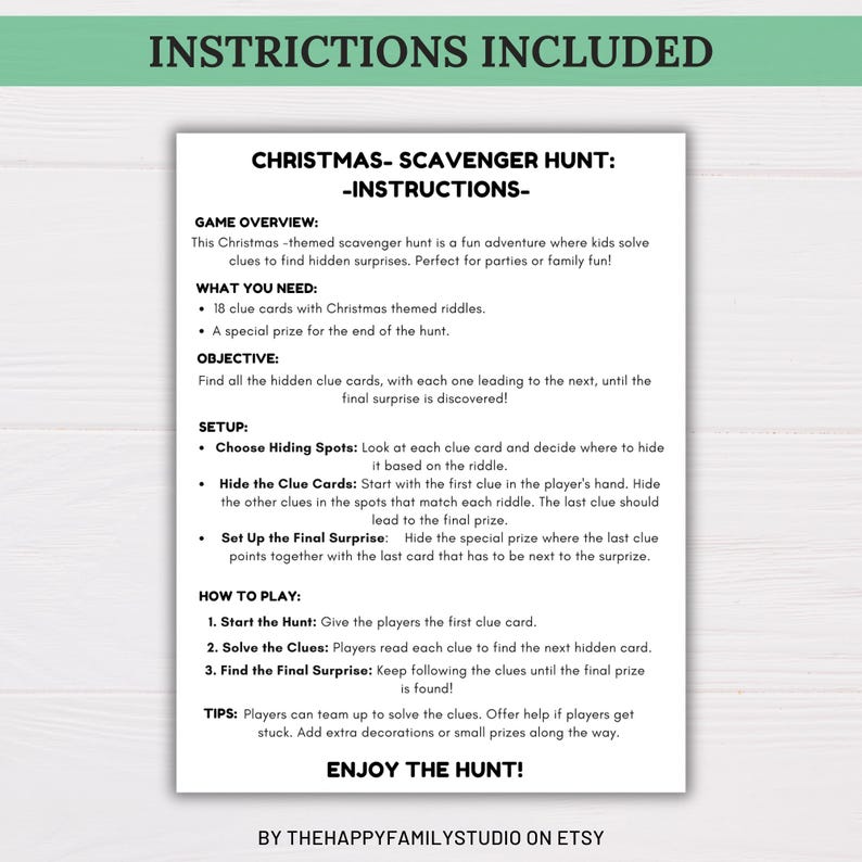 Indoor Christmas Treasure Hunt, Christmas Scavenger Hunt Cards for Kids ...