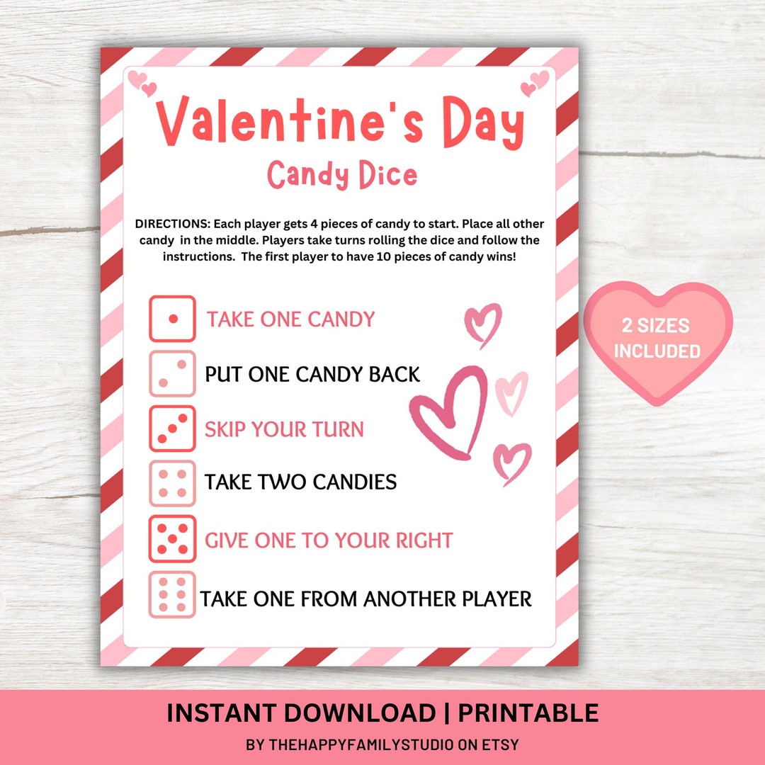 Valentine's Day Candy Dice Game, Printable Valentines Dice Game ...