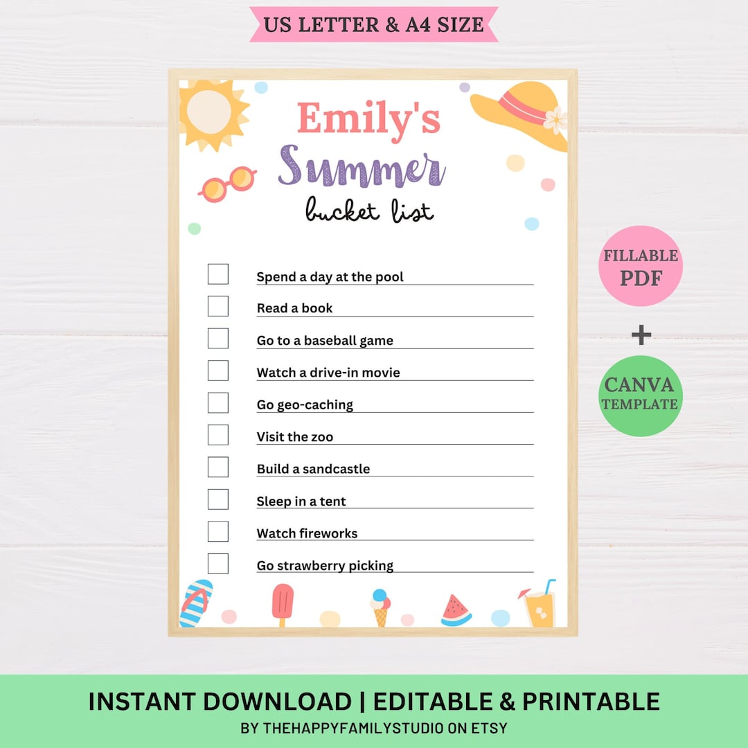 Editable Summer Bucket List, Summer Break Bucket List, Summer ...