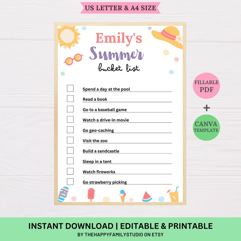 Editable Summer Bucket List, Summer Break Bucket List, Summer ...