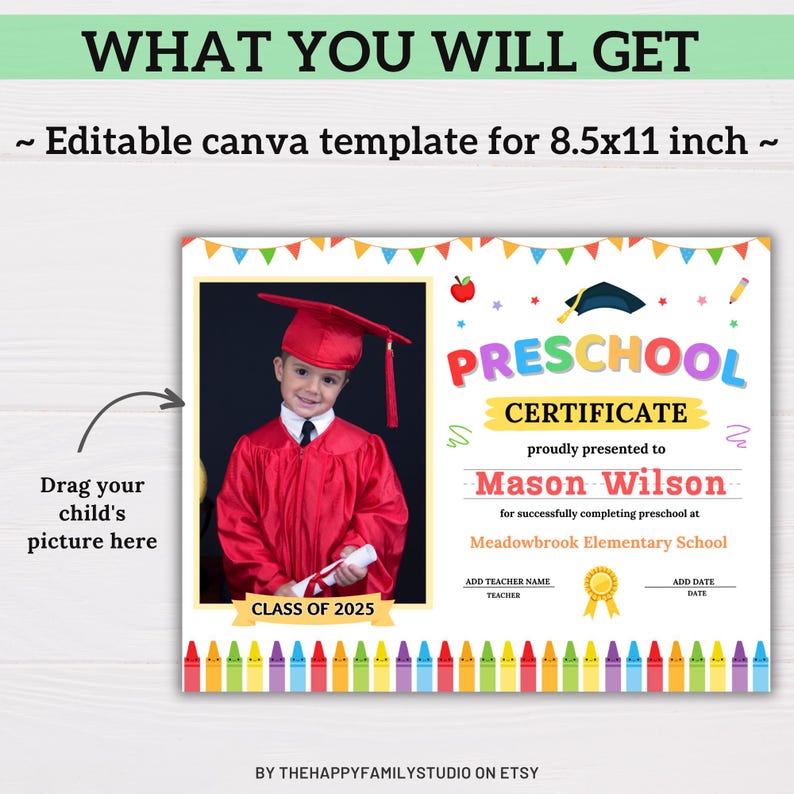 Editable Preschool Graduation Certificate With Photo (canva Template ...