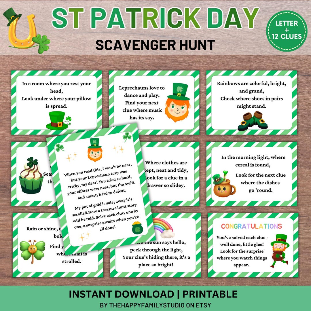 St. Patrick's Day Scavenger Hunt for Kids, Leprechaun Treasure Hunt ...