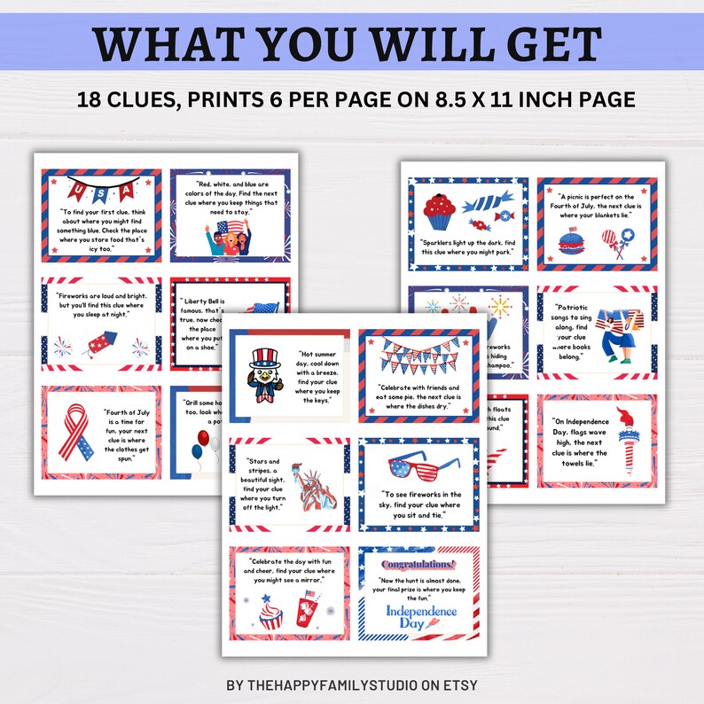 4th of July Indoor Scavenger Hunt Clue Cards, Fourth of July Treasure ...