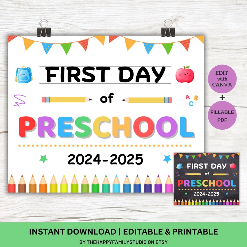 First Day of Preschool Printable Sign, 1st Day of School Sign, Back to ...