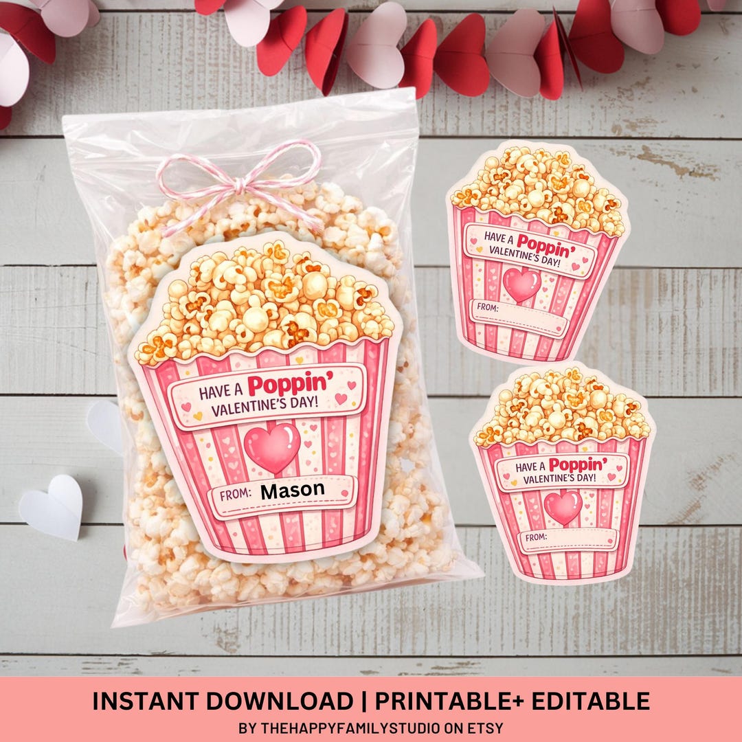 Popcorn Valentine's Day Labels for Kids, Popcorn Valentine Stickers ...