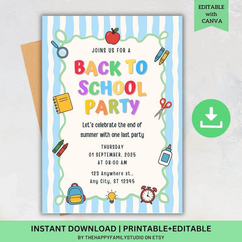 Editable Back to School Party Invitation, End of Summer Celebration ...