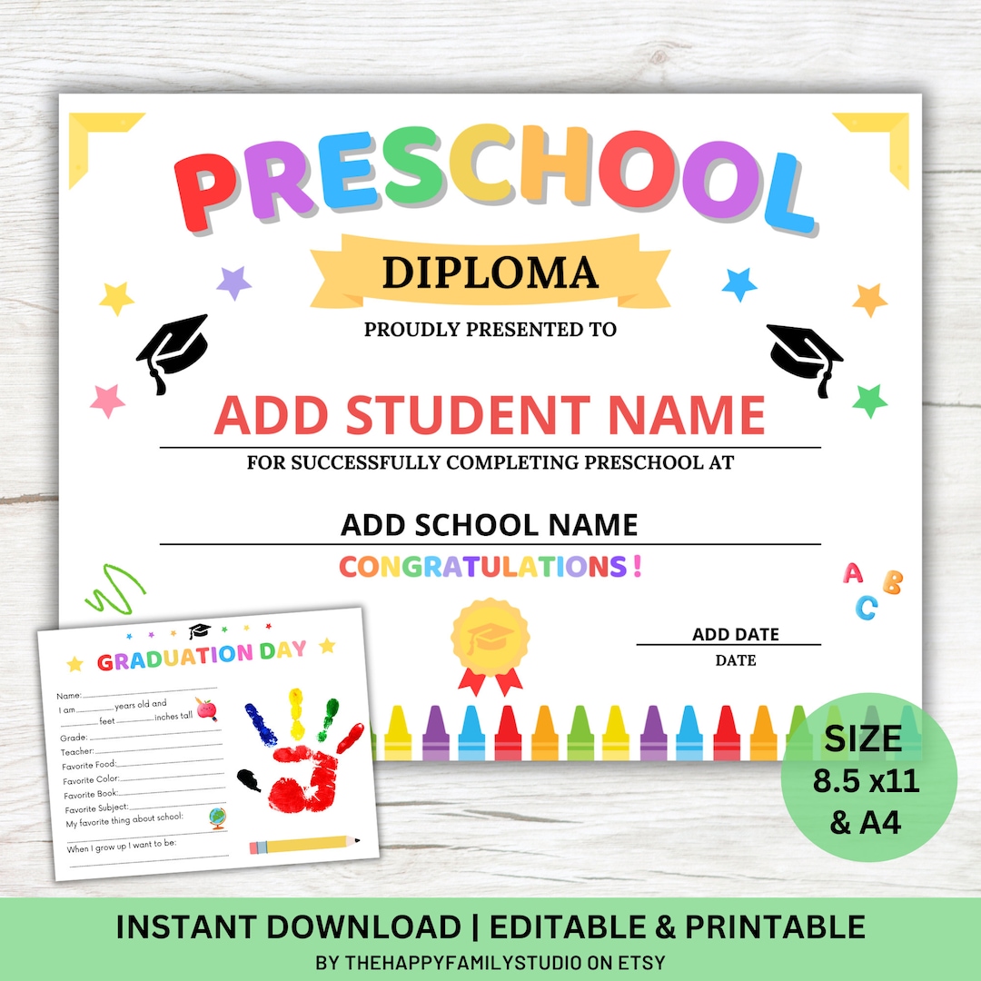 Editable Preschool Diploma Template, Customizable Graduation ...