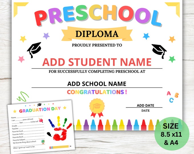 Editable Preschool Graduation Diploma With Photo Editable Personalized ...
