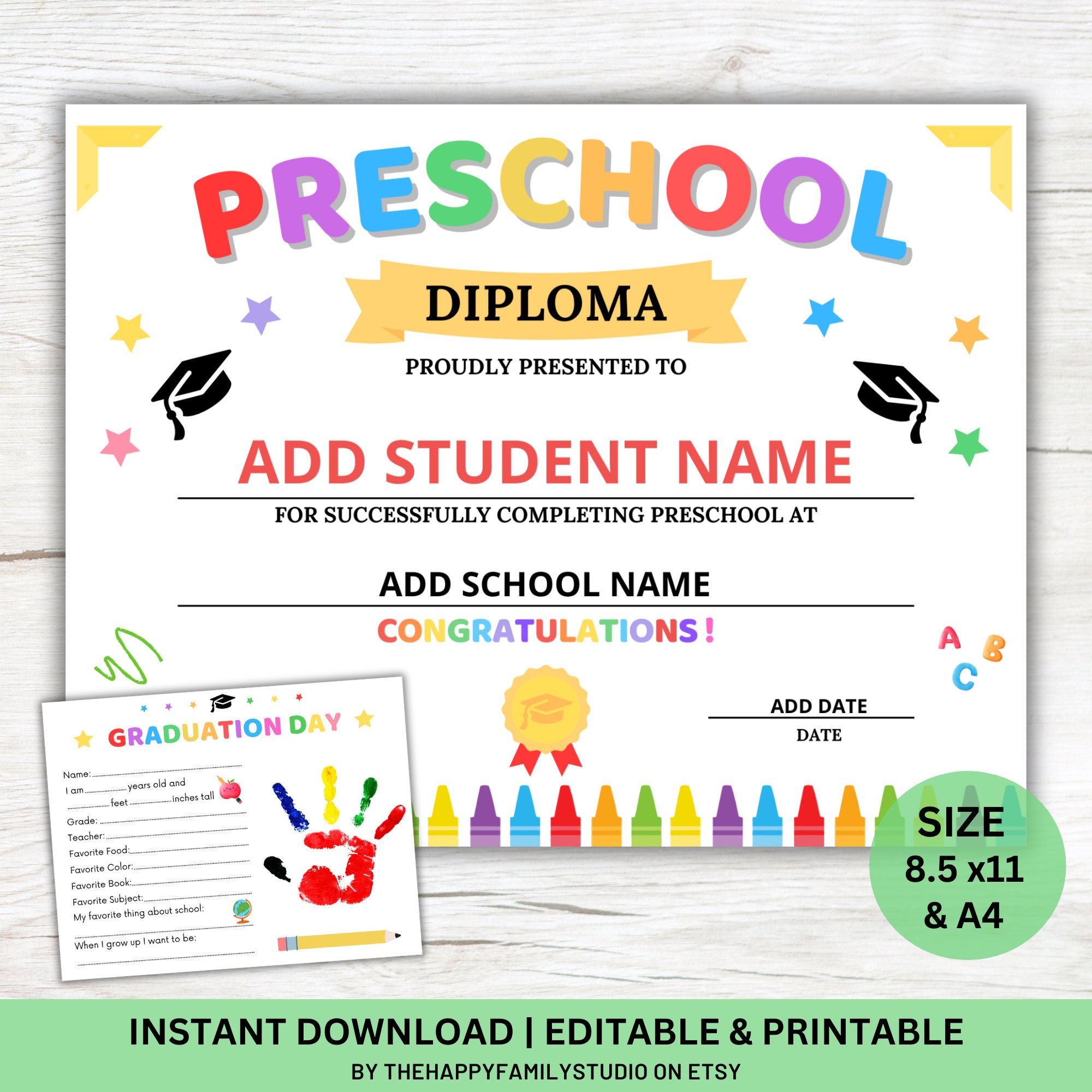 Editable Preschool Diploma Template, Customizable Graduation ...