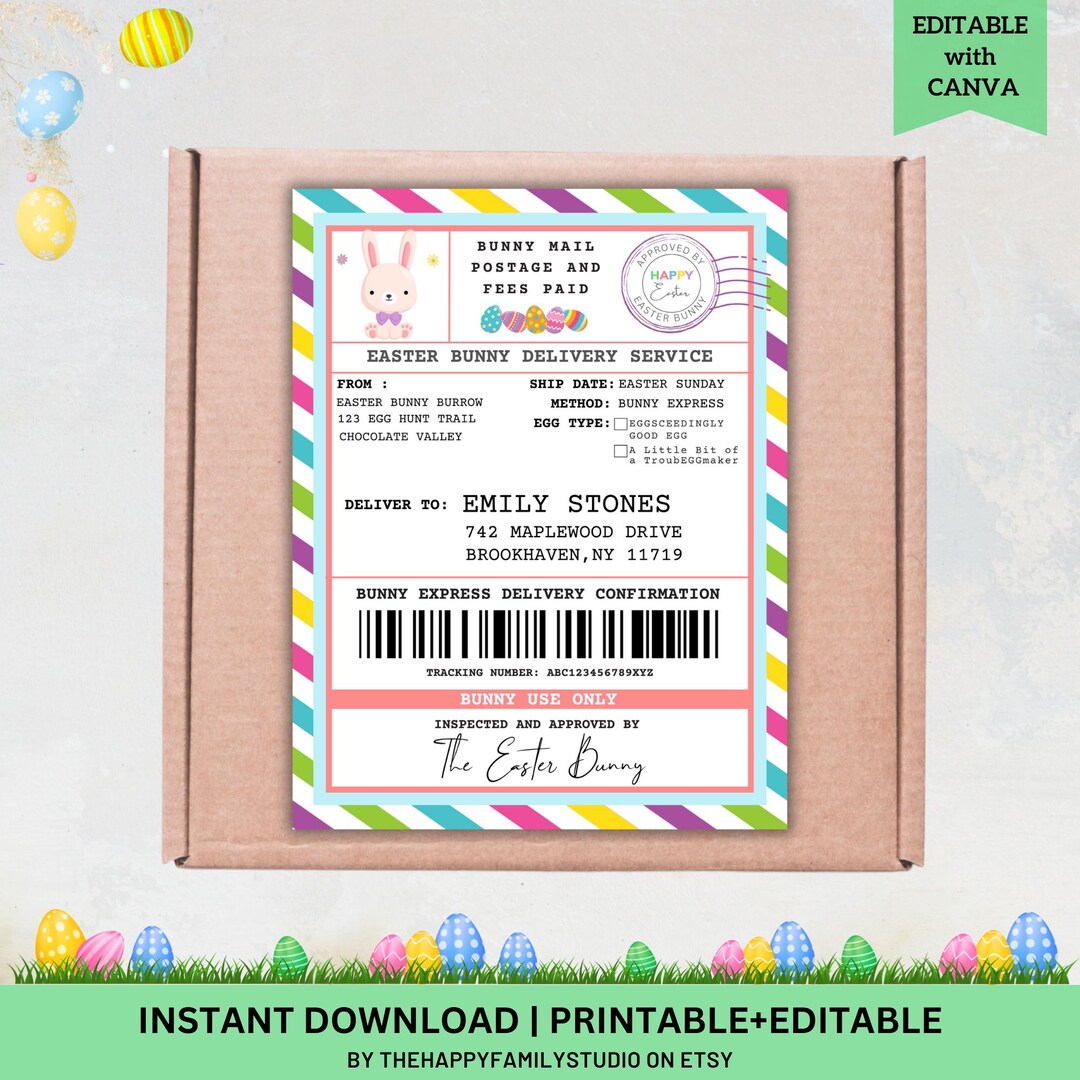 Editable Easter Bunny Shipping Label, Special Delivery Gift Tag, Easter ...