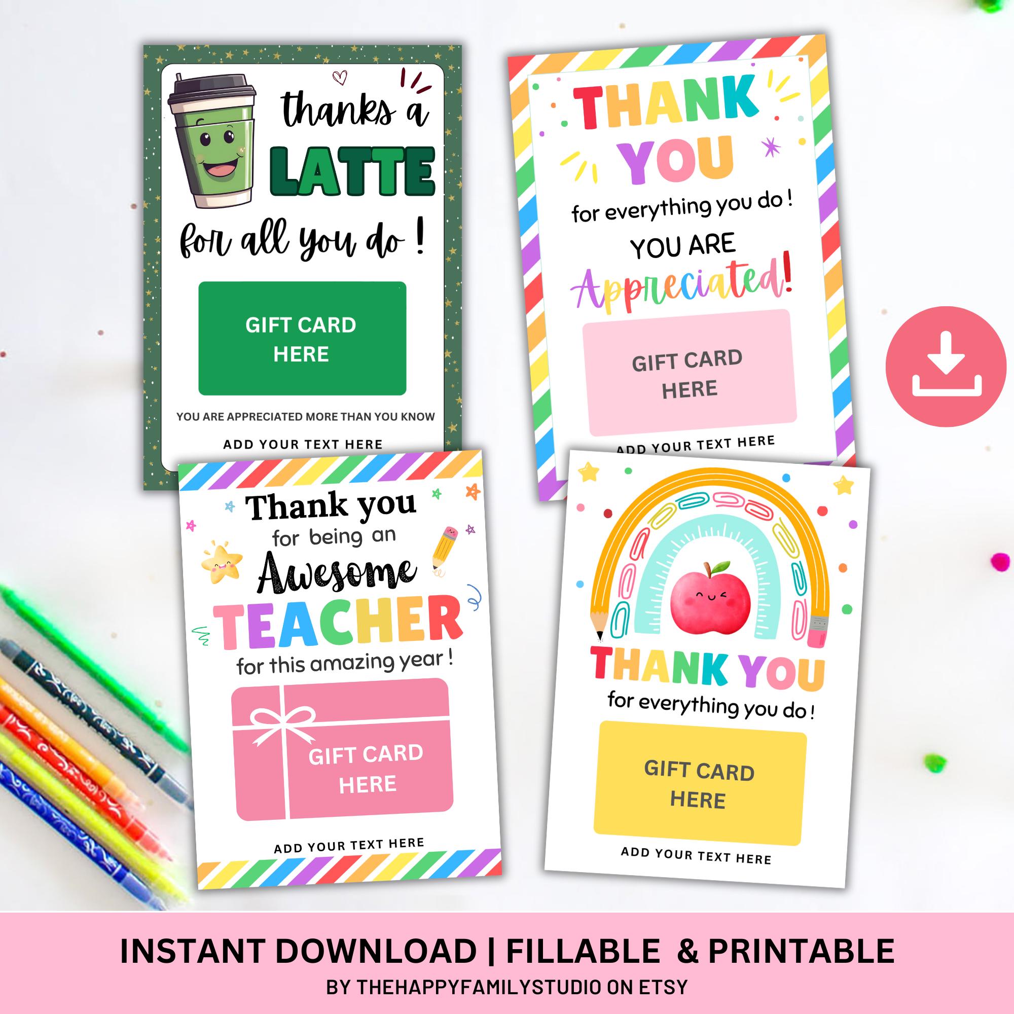 Teacher Appreciation Gift Card Holder Bundle, Printable Teacher Thank ...