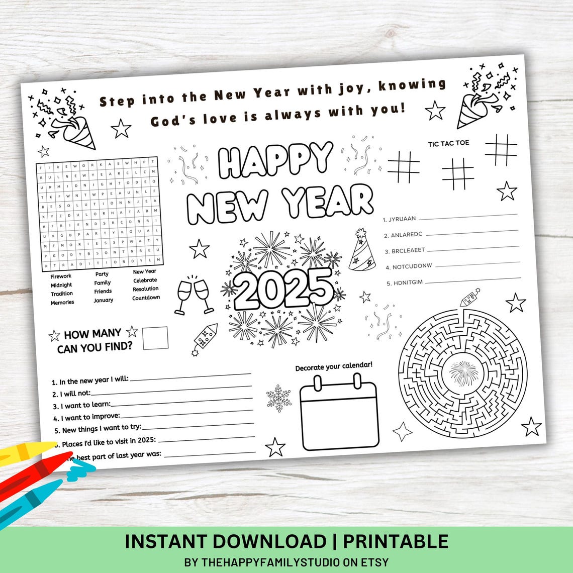 2025 New Year Activity Placemat, New Year's Eve Activity Page, Coloring ...