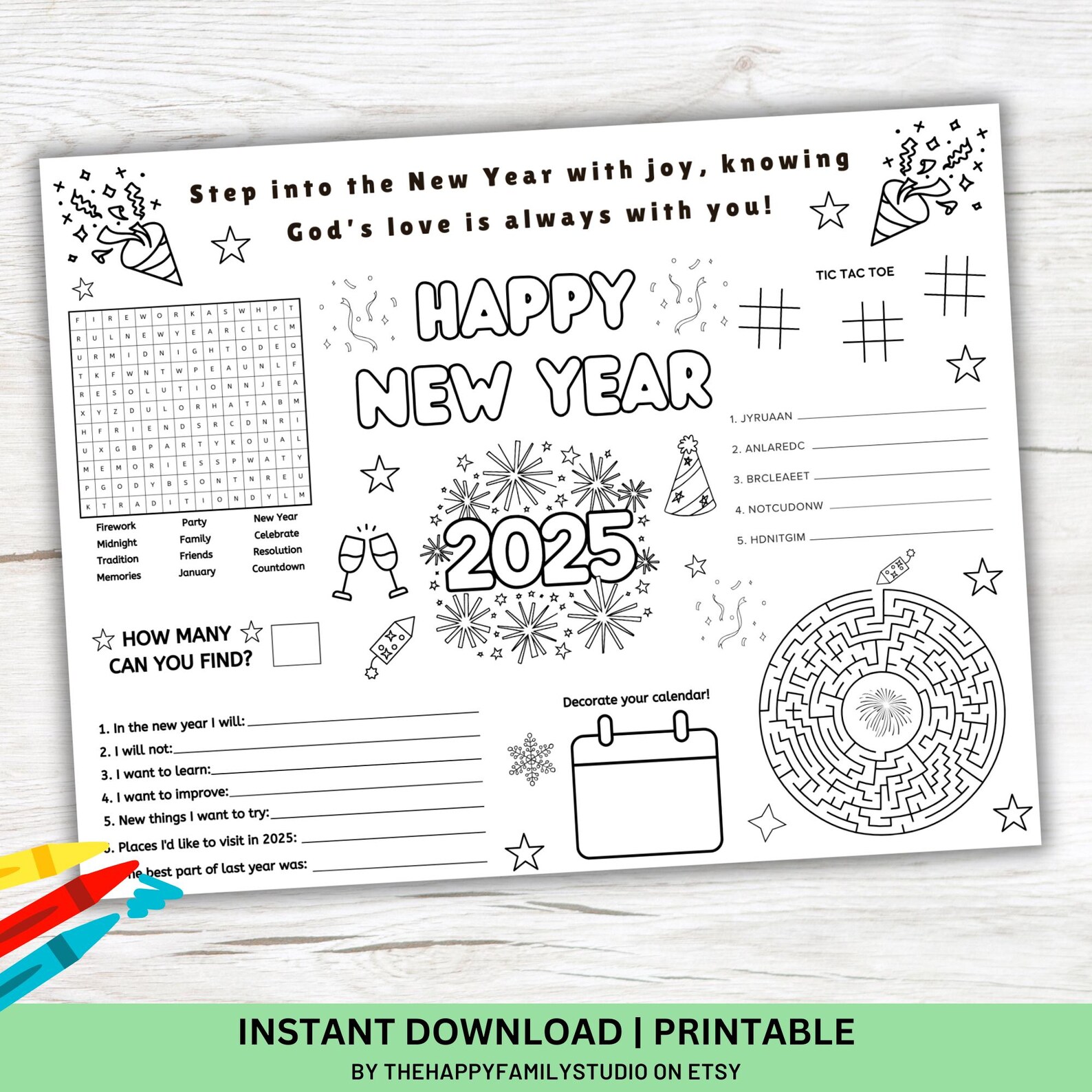 2025 New Year Activity Placemat, New Year's Eve Activity Page, Coloring ...