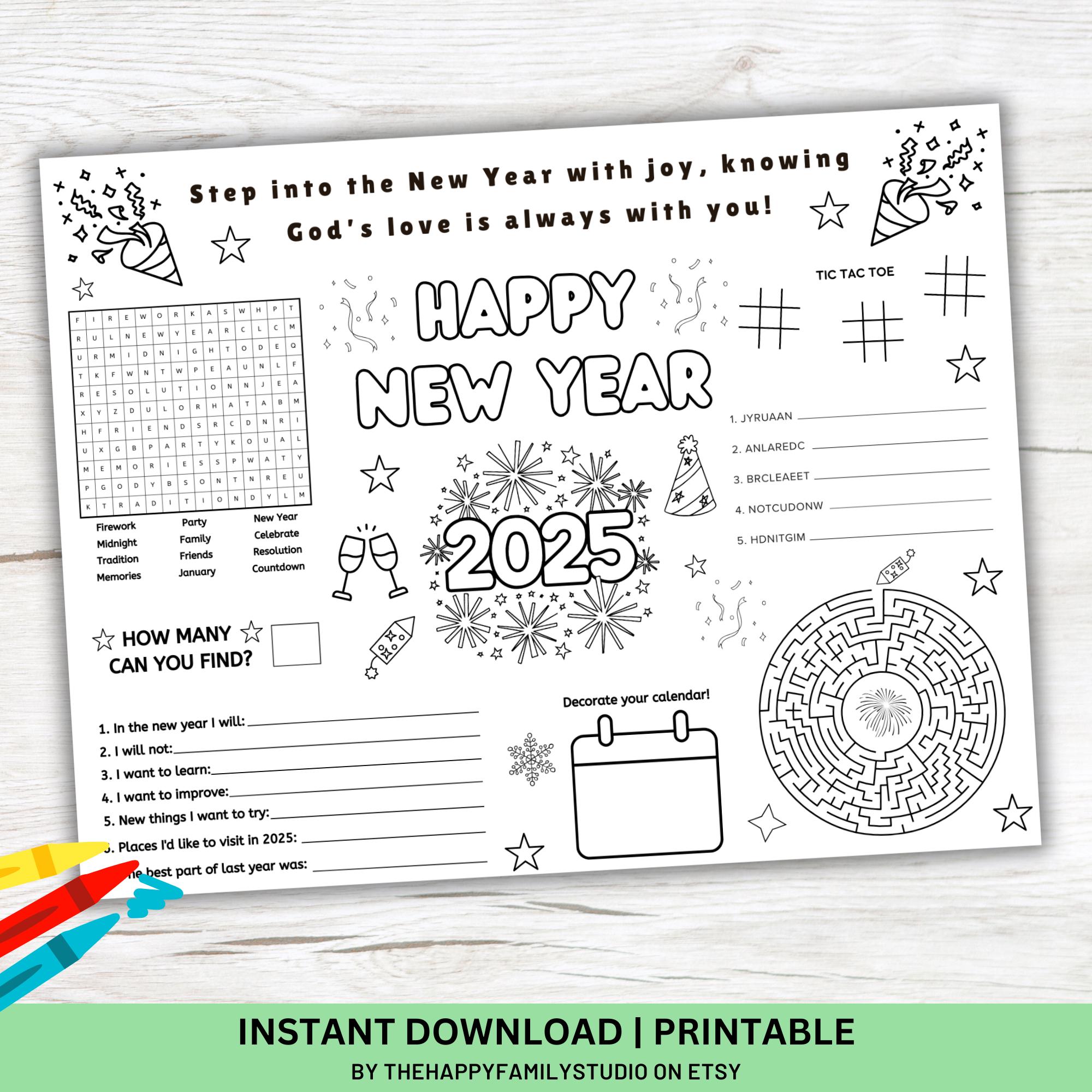 2025 New Year Activity Placemat, New Year's Eve Activity Page, Coloring ...