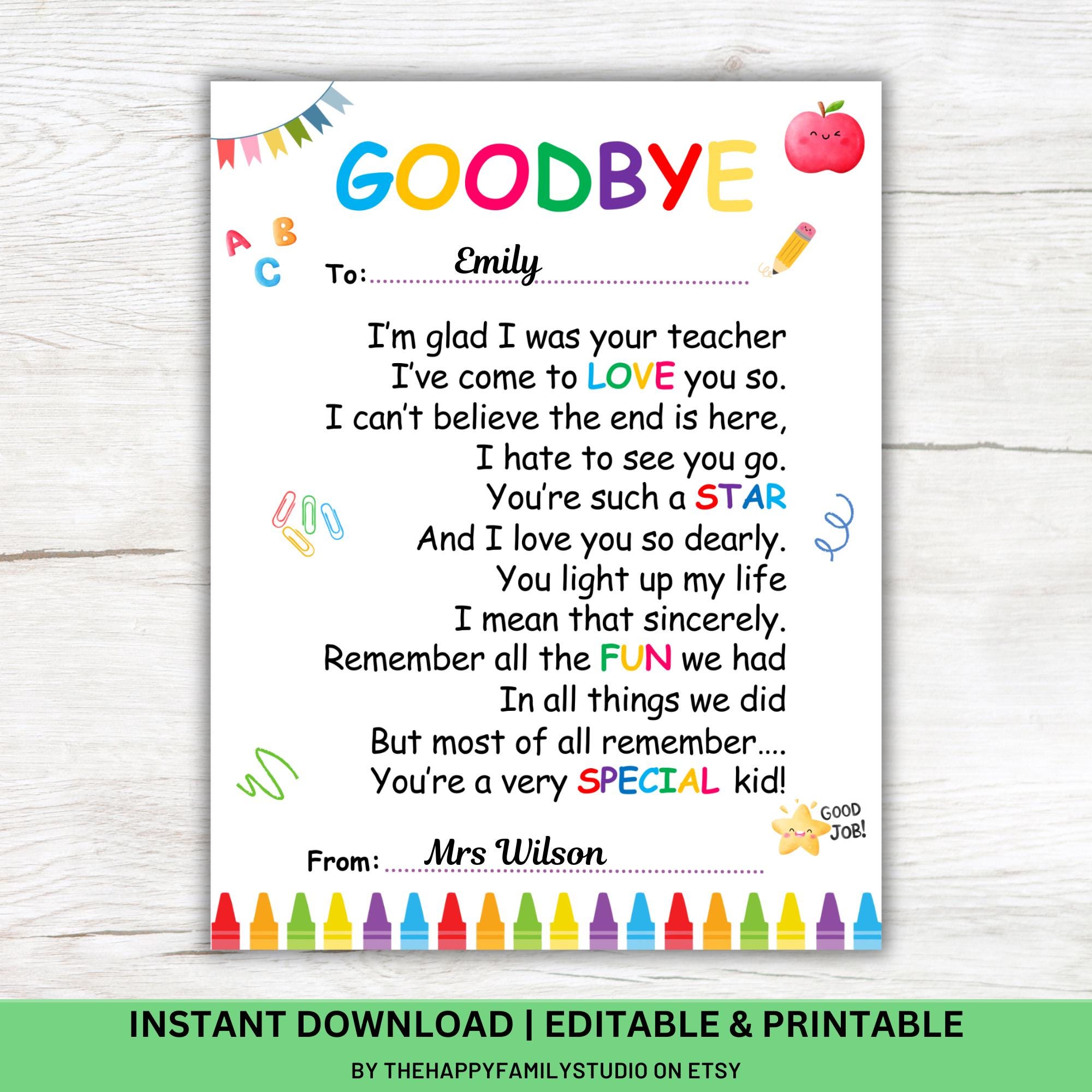 Printable End of School Year Letter for Students, Poem Gift From ...