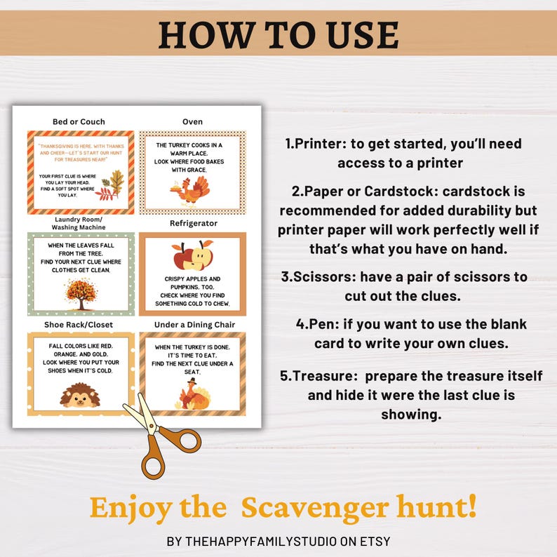 Thanksgiving Scavenger Hunt for Kids, Treasure Hunt Clues, Thanksgiving ...