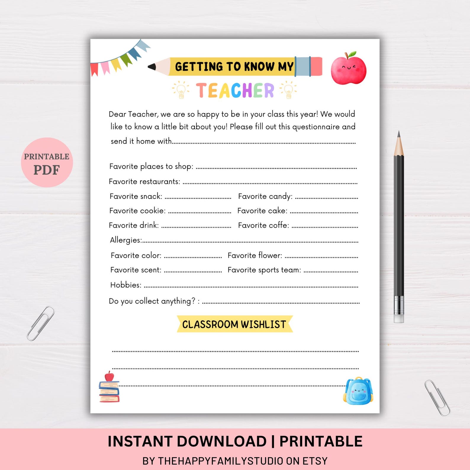 Teacher Favorite Things Questionnaire, Teacher Appreciation Gift, All ...