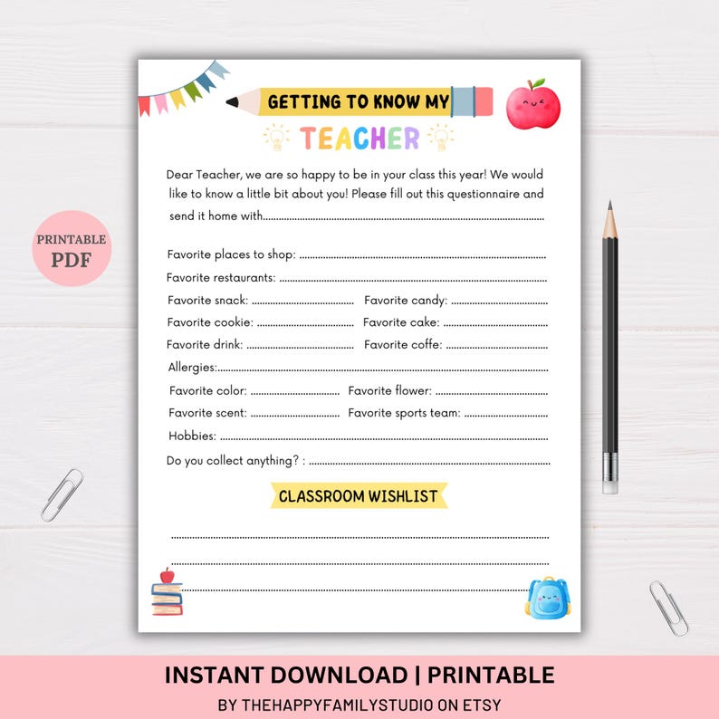 Teacher Favorite Things Questionnaire, Teacher Appreciation Gift, All ...