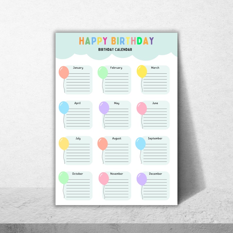 Printable Birthday Calendar, Birthday Tracker, Birthday Reminder ...