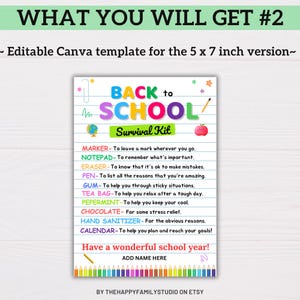 Back to School Survival Kit Editable, First Day of School Teacher Gift ...