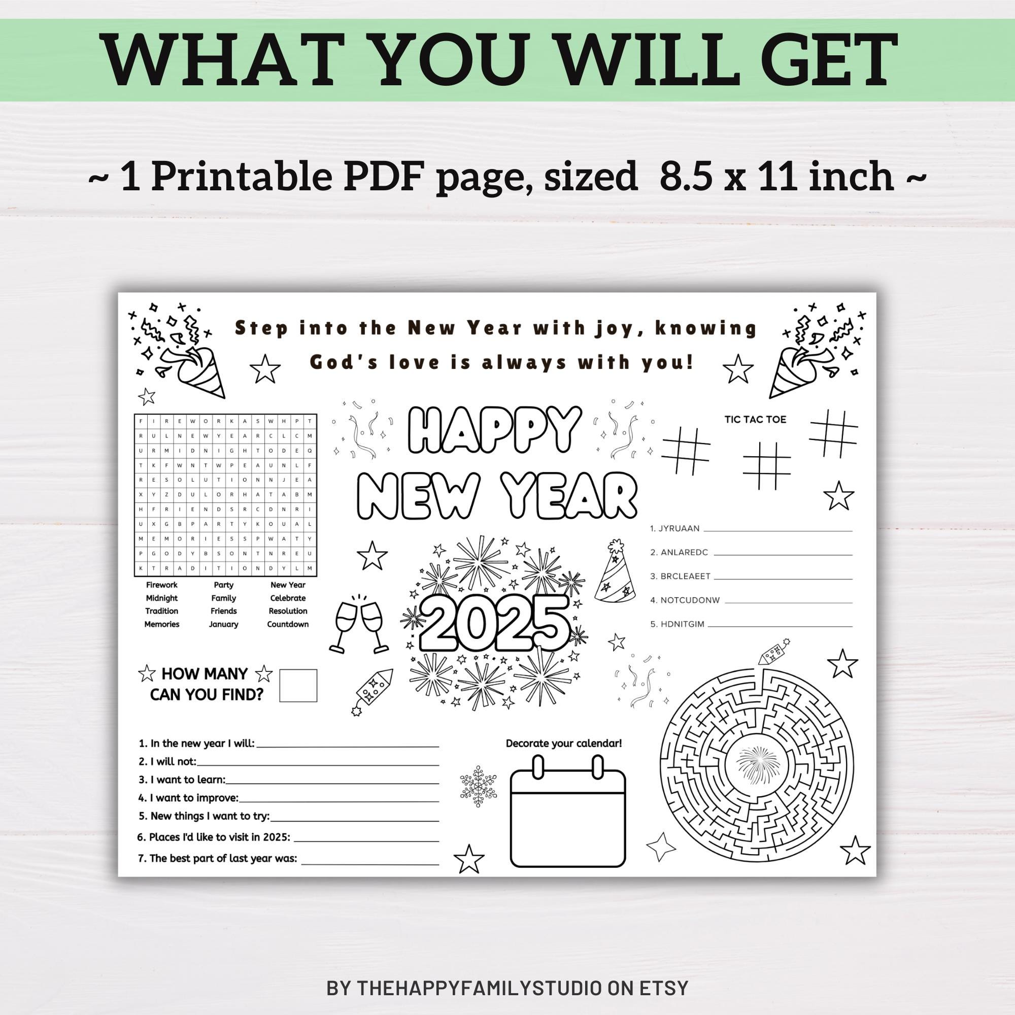 2025 New Year Activity Placemat, New Year's Eve Activity Page, Coloring ...